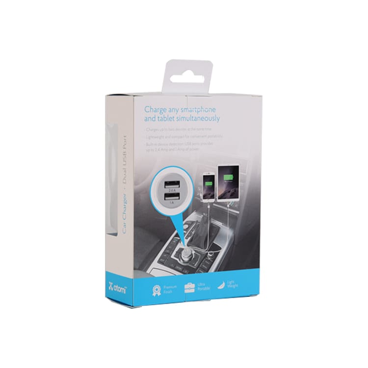 Folding Cardboard Car Charger Box With Hanger Tab Window